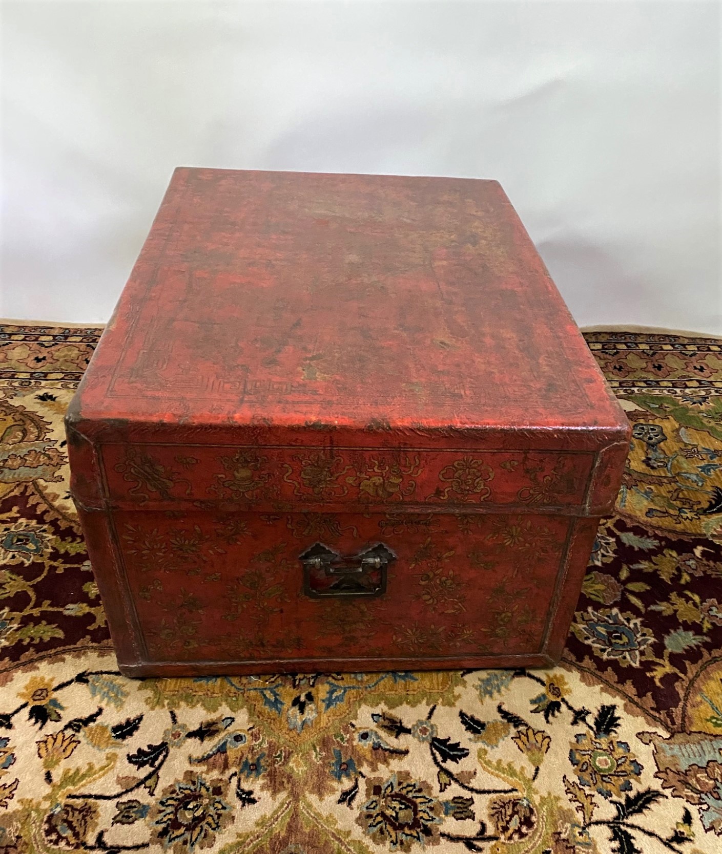 Old Decorated Red Leather Trunk | Wood and Hogan