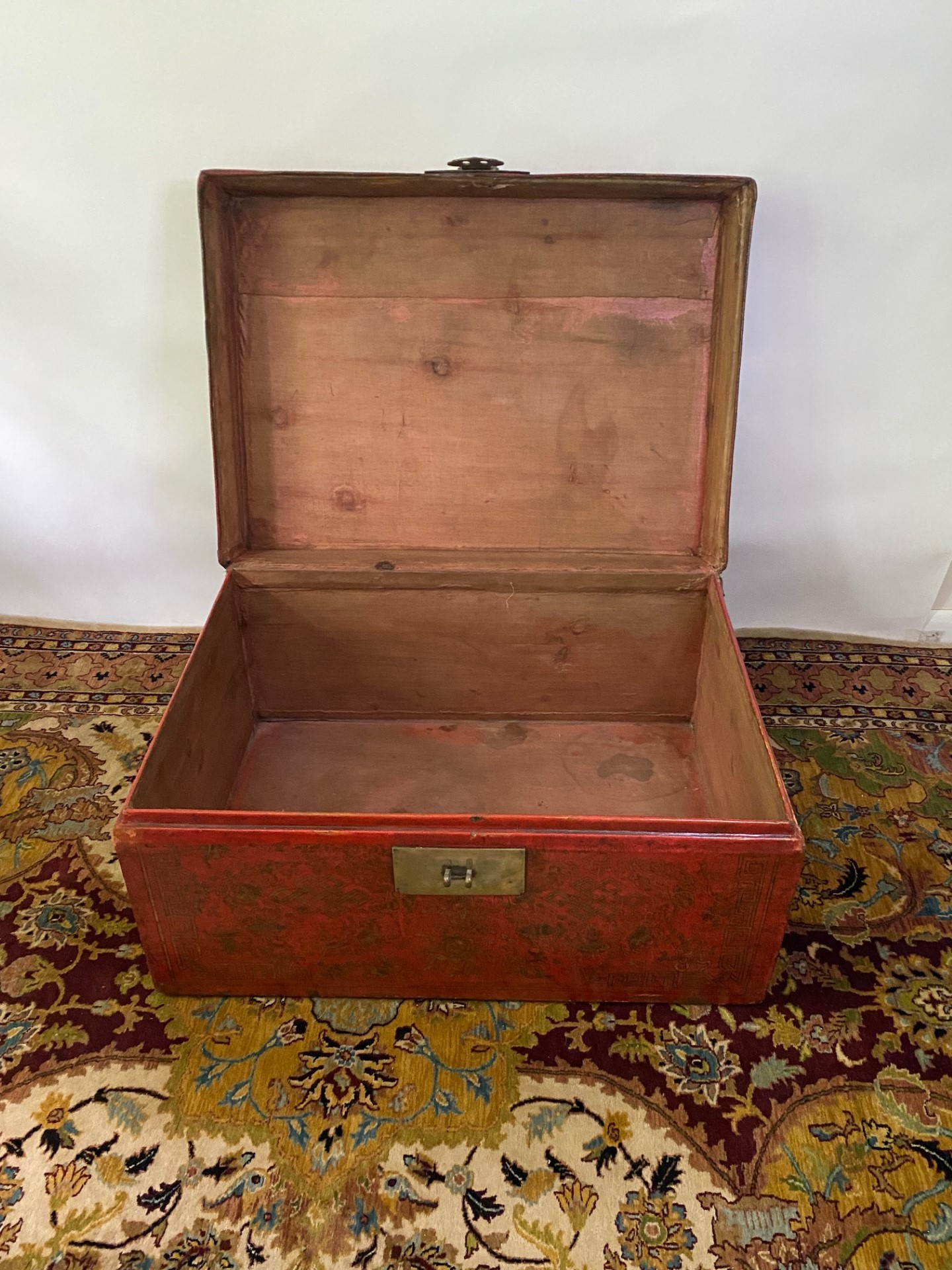 Old Decorated Red Leather Trunk | Wood and Hogan